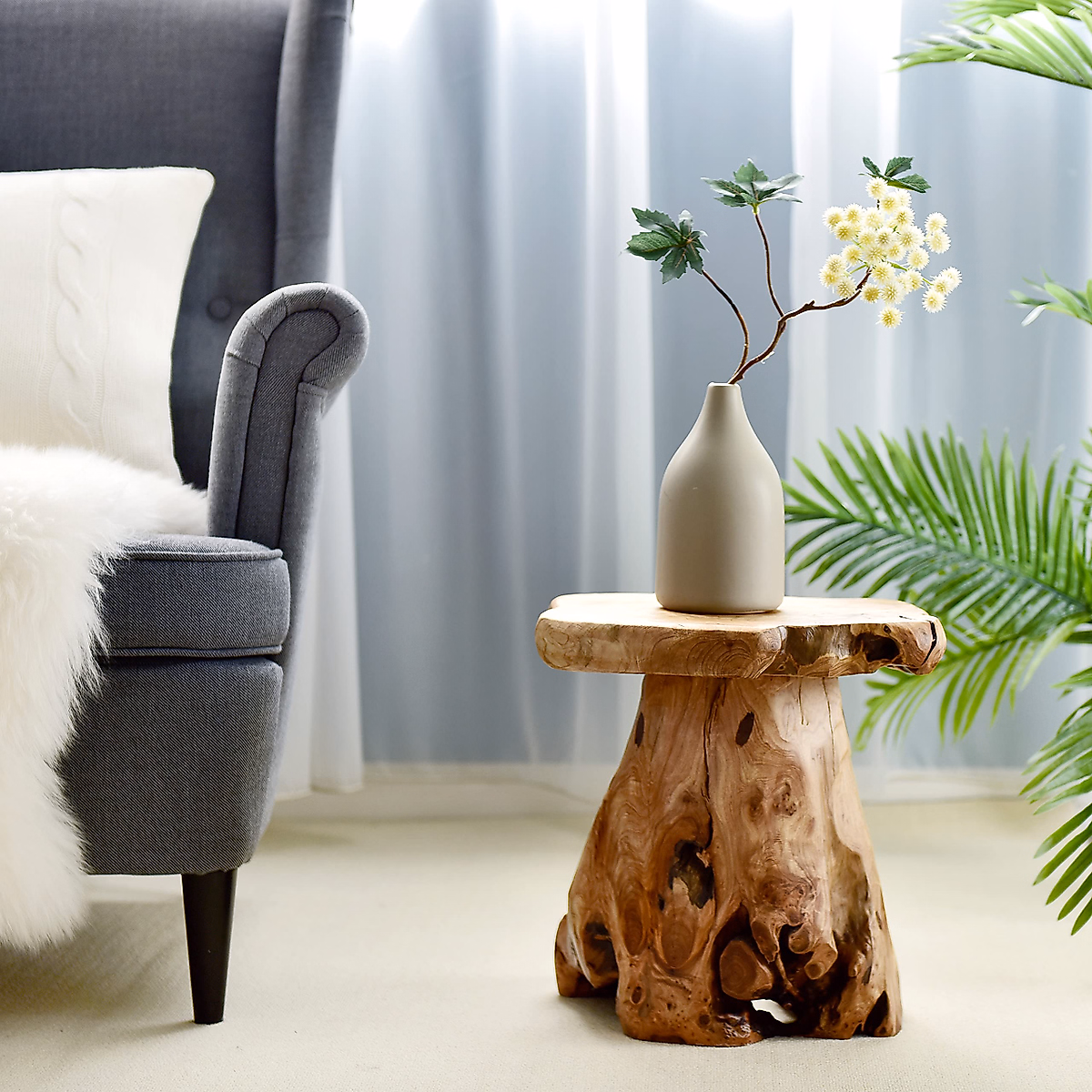 WELLAND Mushroom Seat Stool, Cedar Wood Flower Root/Stand