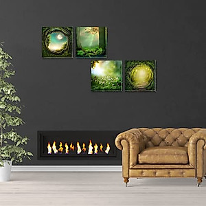 Green Forest Wall Art Prints Funny Wonderland Canvas Paintings 4 Pieces Nature Landscape Pictures Fairyland Artwork for Nursery Living Room Bathroom 12"x12"