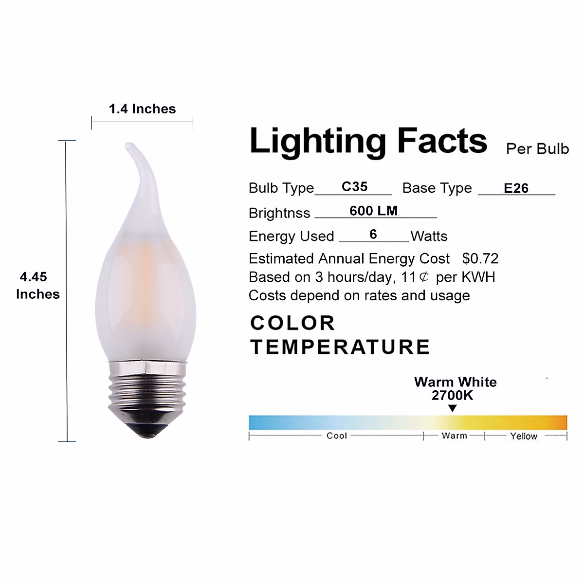 OPALRAY C35 6W(60W Incandescent Replacement) LED Candelabra Bulb, LED Filament Bulb with E26 Medium Base, Soft Warm White Light, Eye-Protect Frosted Glass Housing, Dimmable, Flame Tip, 5-Pack