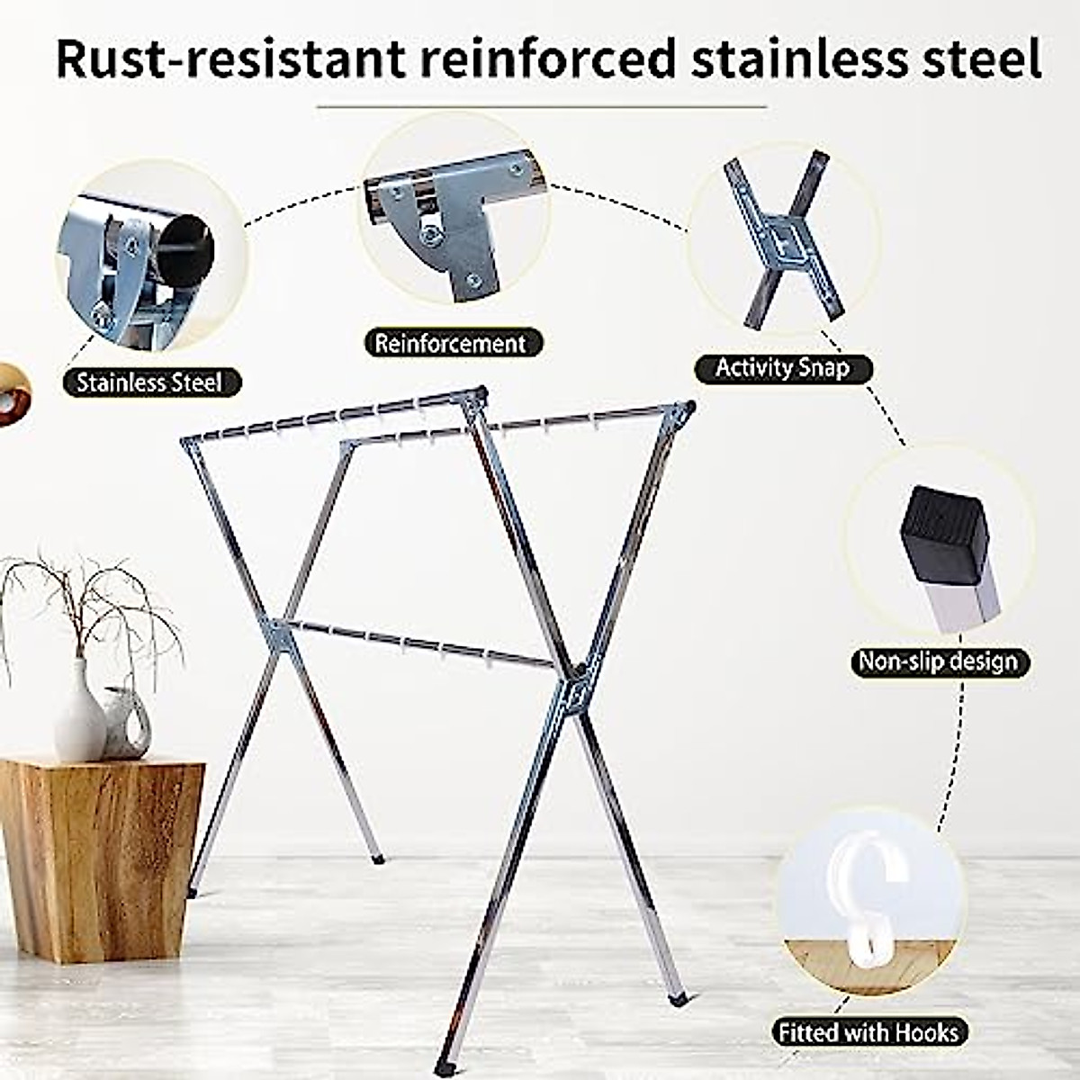 HYZSWGC Foldable Clothes Drying Rack, 95 Inches Adjustable Stainless Steel Laundry Drying Rack with 20 Windproof Hooks for Clothes, Blanket, Llinens, Shoes, Indoor/Outdoor