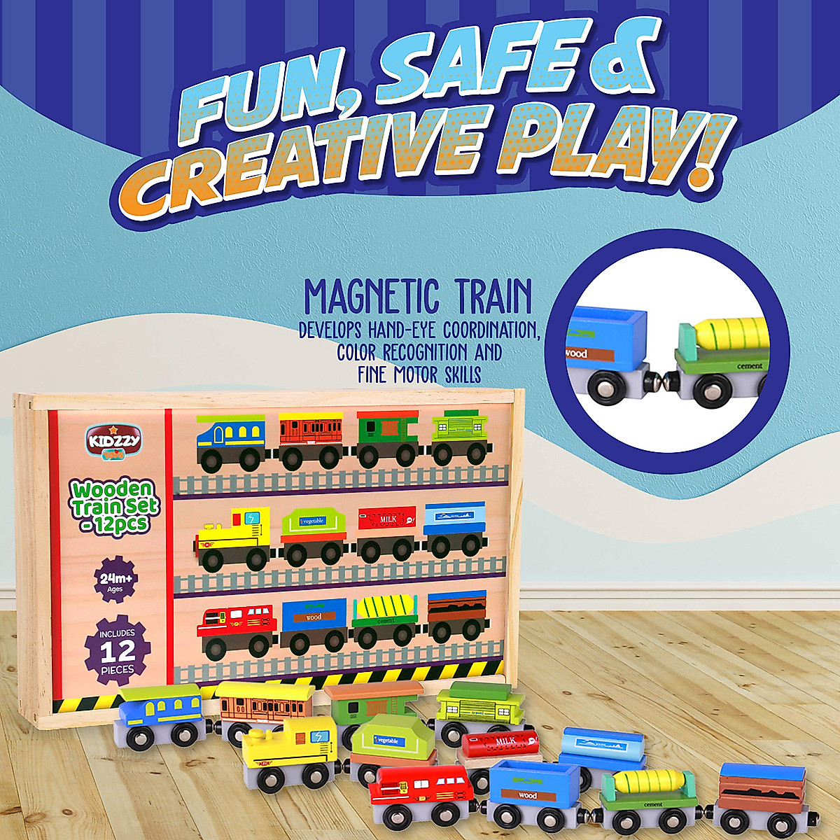 Wooden Train Cars - 12 Pack - A Kids Favorite Toy Train Set