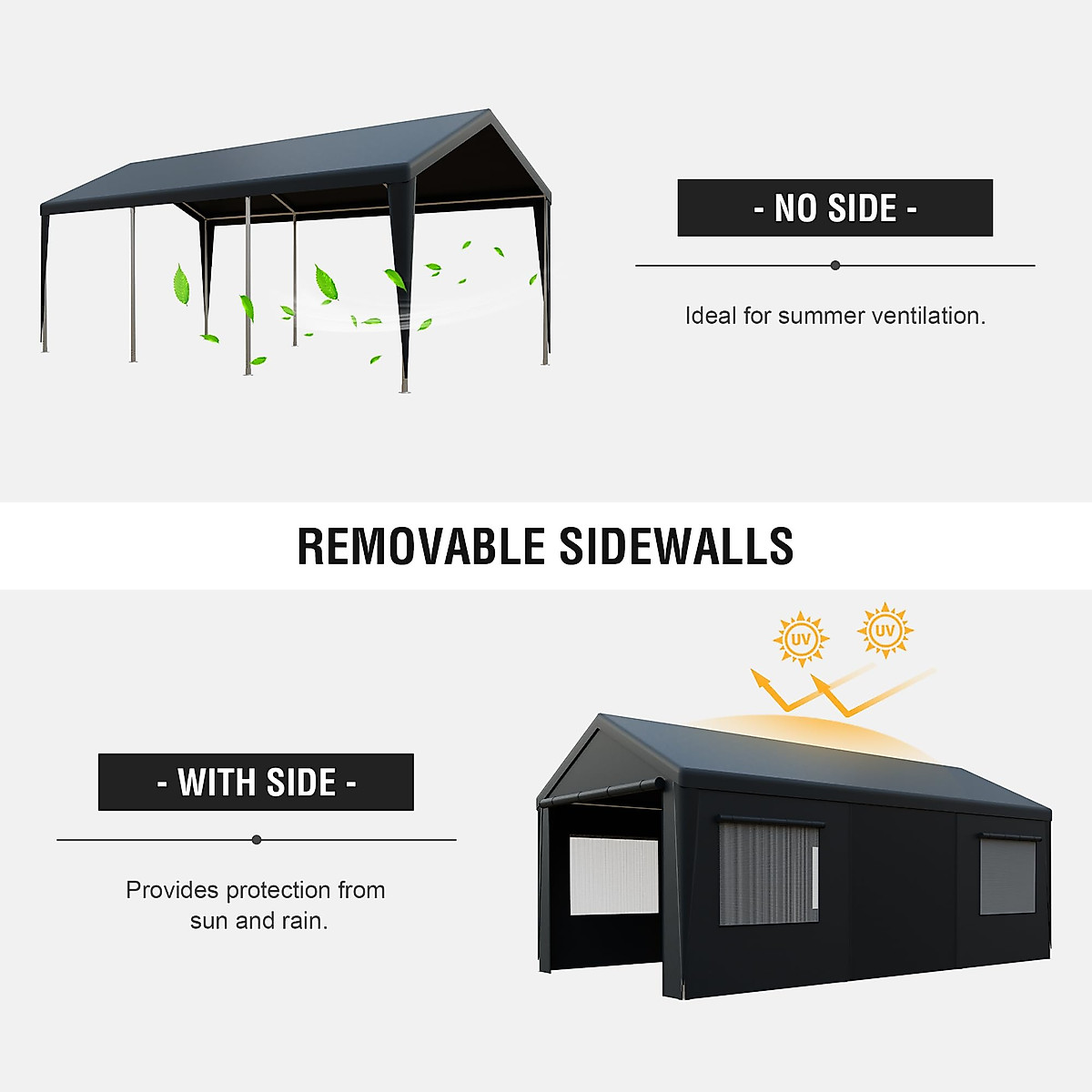 Yardsight 13'x 20' Carport, Heavy Duty Car Canopy Portable Garage with Removable Sidewalls and Roll-up Ventilated Doors & Windows for Car, SUV, Truck, Boat. Gray