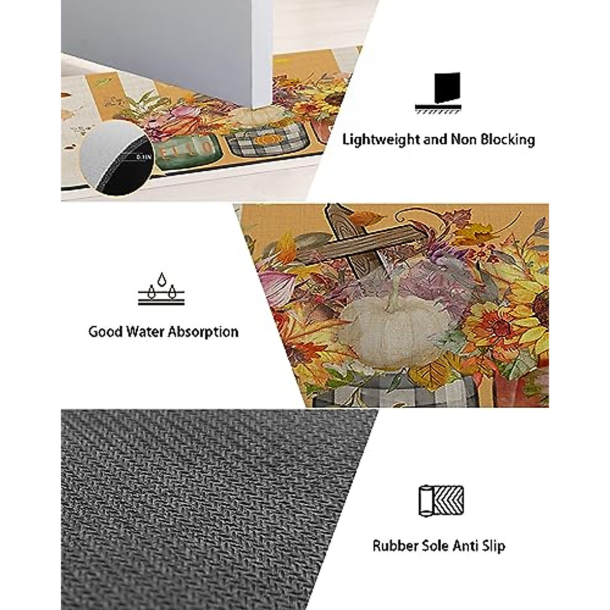 Bath Mat for Bathroom Non Slip Thanksgiving Fall Sunflowers Pumpkin Autumn Plants Diatomaceous Earth Bath Mats Highly Absorbent Door Mat Diatom Mud Washable Bathroom Mat for Tub Shower 18x30 Inch