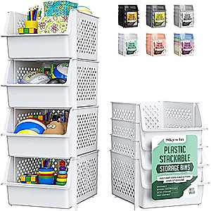 Skywin Plastic Stackable Storage Bins for Pantry - Stackable Bins For Organizing Food, Kitchen, and Bathroom Essentials (White)