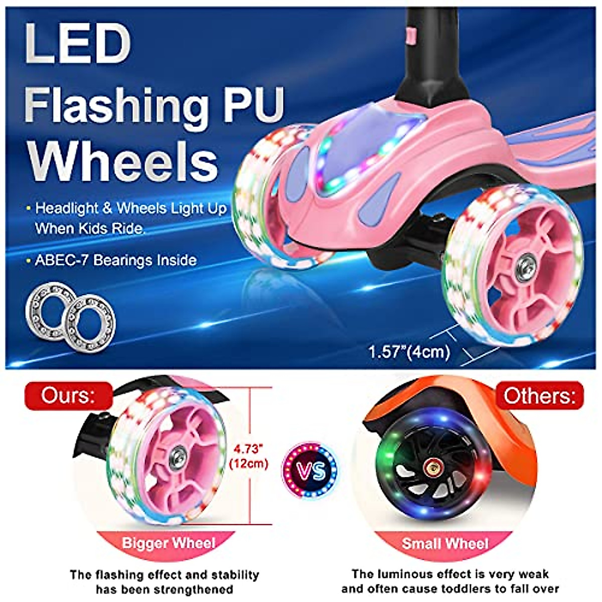 3 Wheel Scooter for Kids, Toddler Scooter with Bluetooth Music Speaker Steam Sprayer LED Lights Aluminum Alloy T-Bar, Folding 3 Wheel Scooter for Boys Girls Ages 3-10 (Pink)