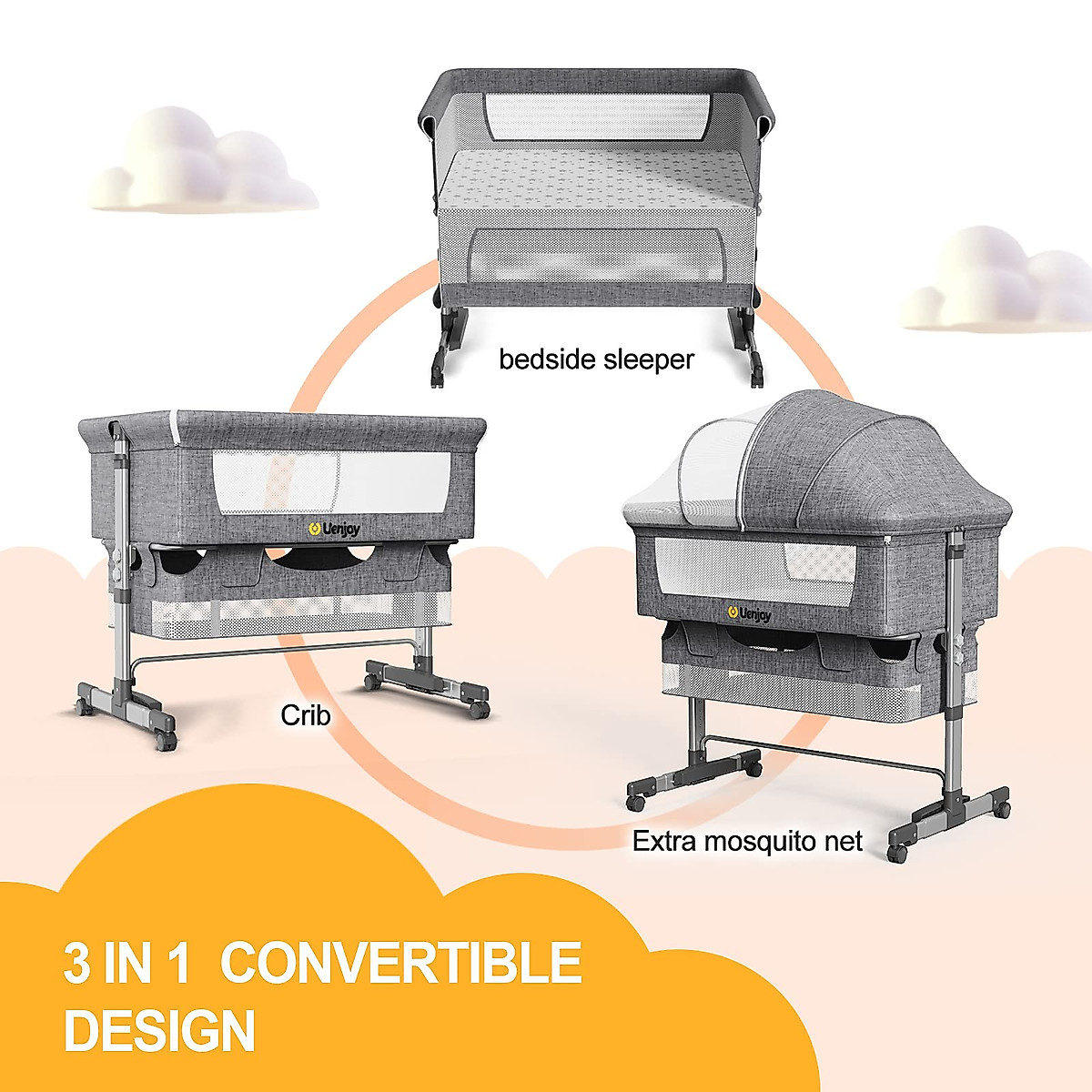 Uenjoy Baby Bassinet, Bedside Sleeper,Foldable Baby Bed to Bed, Adjustable Portable Bed for Infant/Baby/Newborn,with Mosquito Nets, Large Storage Bag, Comfortable Mattresses, Lockable Wheels,Gray