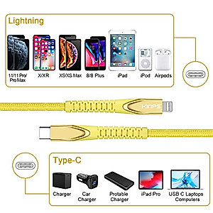 KINPS MFI Certified (10ft/3m) USB C to Lightning Fast Charging Cable Compatible with iPhone 12 Pro Max/12 Pro/12/11Pro/11 Pro Max/X/XS, Supports Power Delivery(for Use with Type C Chargers), Yellow
