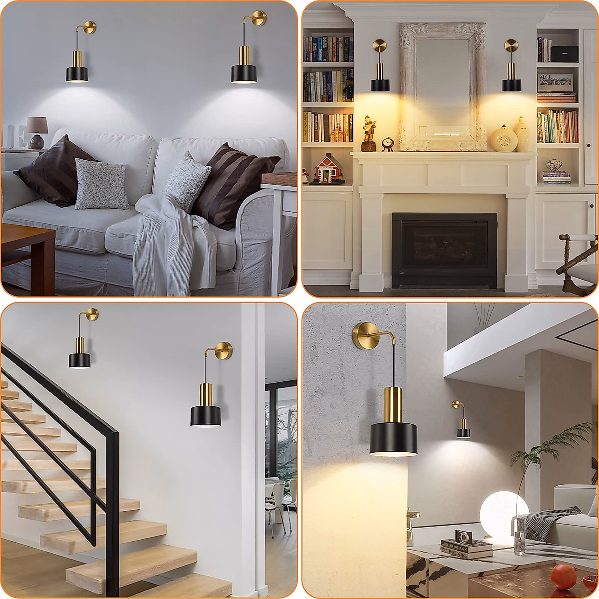 Set of 2 Battery Operated Wall Sconces, Wireless Wall Lights with Remote, Black & Gold Dimmable Wall Lamps with 3000K/4000K/6000K LED Bulbs, Modern Sconces Wall Decor for Bedroom Living Room Hallway