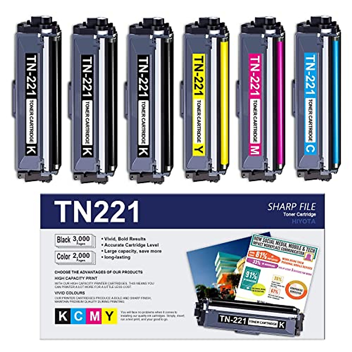HIYOTA 6-Pack TN-221 TN221 Compatible TN-221BK TN-221C TN-221M TN-221Y Toner Cartridge Set Replacement for Brother TN-221 TN225 HL-3140CW 3180CDW MFC-9130CW DCP-9015CDW Printer Toner | 3BK/1C/1M/1Y