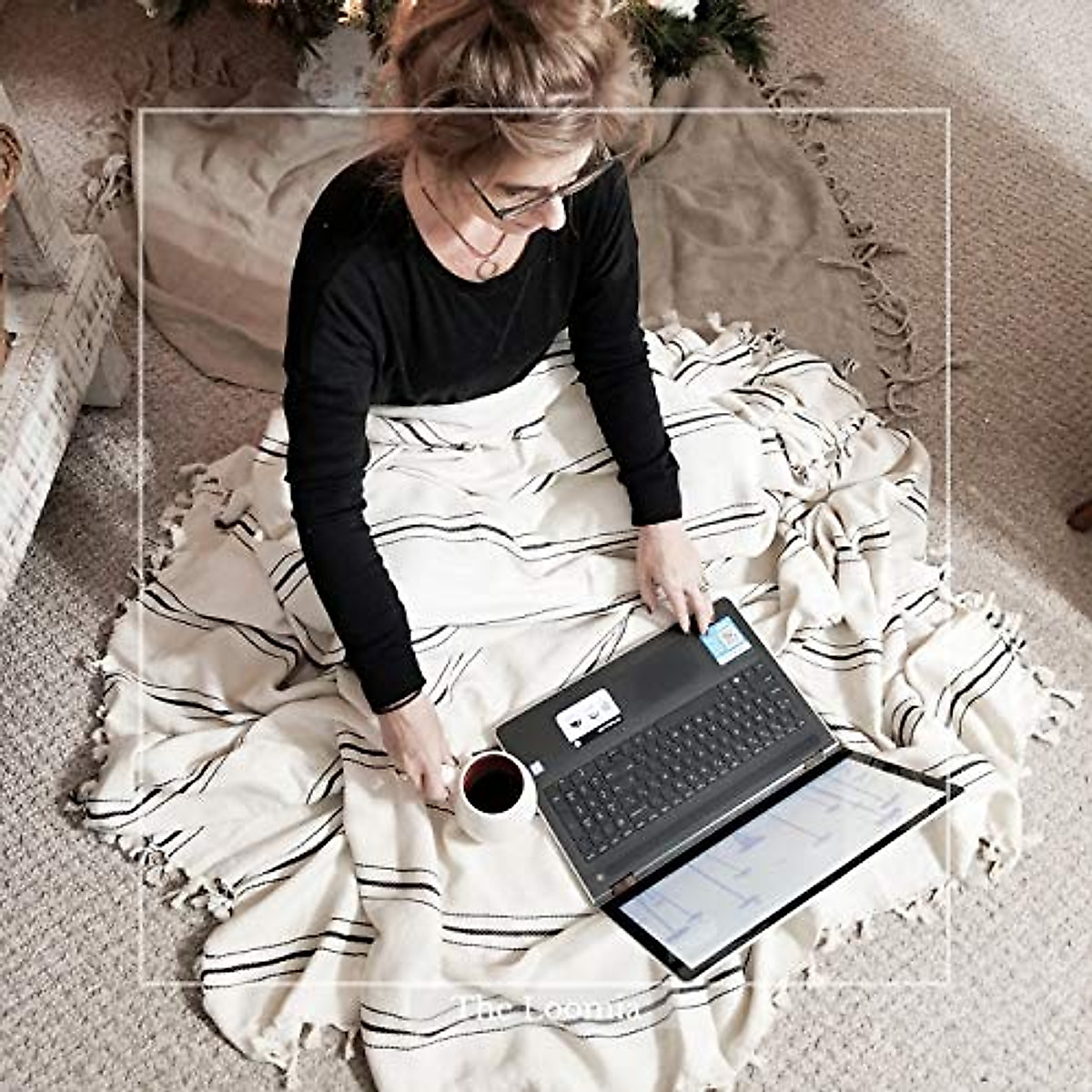 THE LOOMIA Sophie Turkish Cotton Boho Farmhouse Throw Blanket (Extra Large, Creamish Ecru Base with Black Stripes)