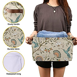 Kigai Retro Birds and Flowers Storage Baskets Rectangle Foldable Canvas Fabric Organizer Storage Boxes with Handles for Home Office Decorative Closet Shelves Clothes Storage