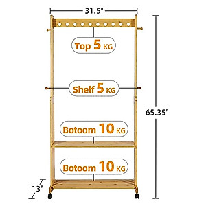 INTOBOO Bamboo Garment Rack, Clothes Hanging Rack with 2 Tier Storage Shelves, Heavy Duty Clothing Rack & Storage Organizer, Movable & Easy to Assemble
