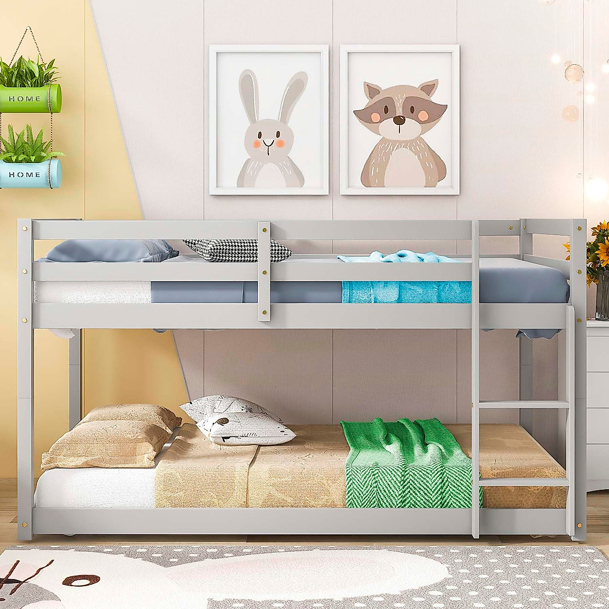 Anwick Twin Over Twin Low Bunk Bed with Stairs and Rails, Wooden Bunk Beds Frame with Safety Guardrail and Slats for Toddlers, Kids, Teens, Boys, Girls, Noise-Free (Grey)