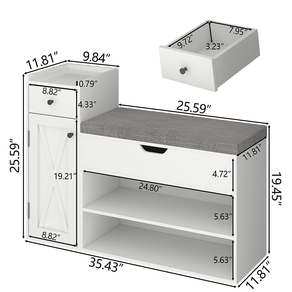 Loomie Shoe Storage Bench, 2-Tier Farmhouse Entryway Bench with Lift Top Storage Box, Drawer & Soft Removable Seat Cushion, Silm Shoe Rack with Shoe Cabinet for Entryway, Hallway, Bedroom, White