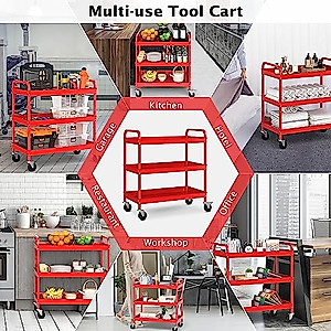 Goplus Service Cart, Heavy Duty 3-Tier Utility Cart with Flat Handle, 2 Lockable Universal Wheel, 400 lbs Capacity, Rolling Tool Cart for Garage, Kitchen, Hotel, Office, Workshop, Restaurant