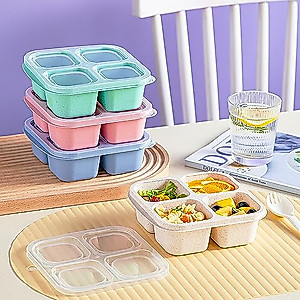 Aimkeoulee 4 Pack Snack Containers with Lids,Reusable 4 Compartments Bento Lunch Box, Divided Meal Prep Lunch Box, Food Storage Containers (Wheat(Blue/Green/Pink/Beige))