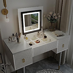 Melpomene Vanity Desk Set with LED Lighted Mirror & LED Light,Makeup Vanity Table Set with 2 Drawers,White and Gray