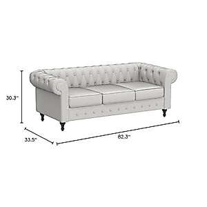 Container Furniture Direct Teressa Faux Leather Chesterfield Sofa for Living Room, Apartment or Office, Three Seater Mid Century Modern Couch, 82" W, White