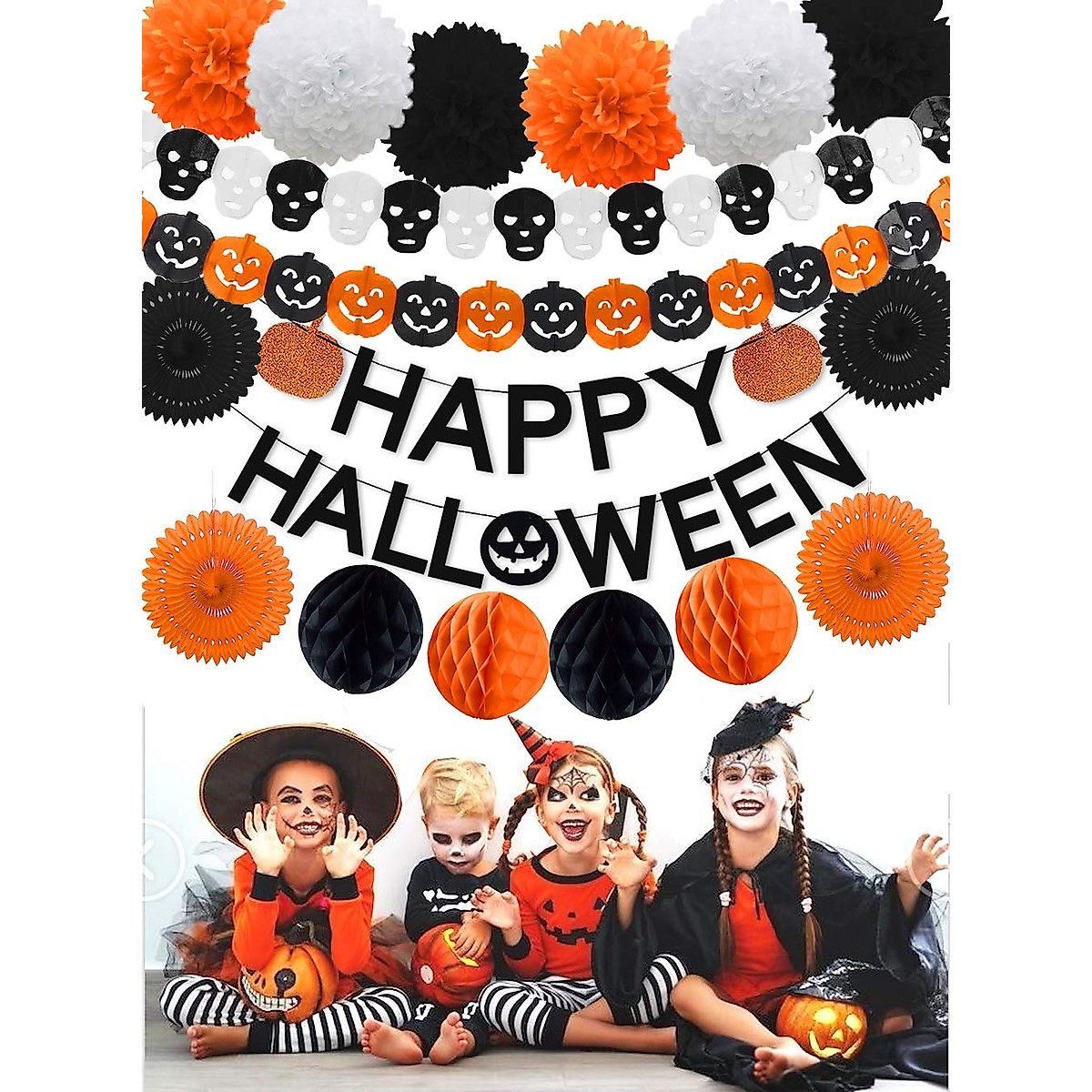 Halloween Party Decorations,Black Glittery Happy Halloween Orange Pumpkin Banner All-in-One Pack for Halloween Theme Party Supplies Decorations Kit for Kids