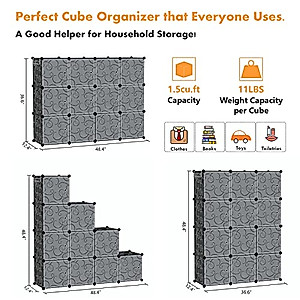 C&AHOME Cube Storage Organizer with Doors, 12-Cube Shelves, Closet Cabinet, DIY Plastic Modular Bookshelf Ideal for Bedroom, Living Room, 36.6”L x 12.4”W x 48.4”H Black USHS3012B-DOOR