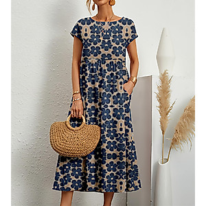 Akivide Women's Summer Cotton Linen Floral Printed Short Sleeve Dress Crew Neck Loose Casual Beach Dresses with Pockets, Long#blue Floral