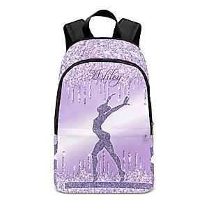 Personalized Name Violet Purple Glitter Print Girls Gymnastics Backpack Unisex Bookbag for Boy Girl Travel Daypack Bag Purse 17.7 IN