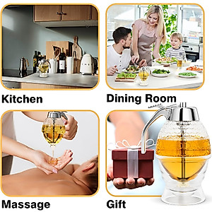 Honey Dispenser No Drip Glass, Maple Syrup Dispenser, Honey Jar with Stand, 8 oz Beautiful Honey Comb Shaped Honey Pot, Perfect Bee Decoration for Home Kitchen