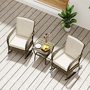 BALDPER 6 Pieces Patio Conversation Set, Outdoor Rocking Chairs, Wicker Bistro Set, Outdoor Furniture Set with Porch Chairs and Coffee Table for Deck Garden Poolside, Beige