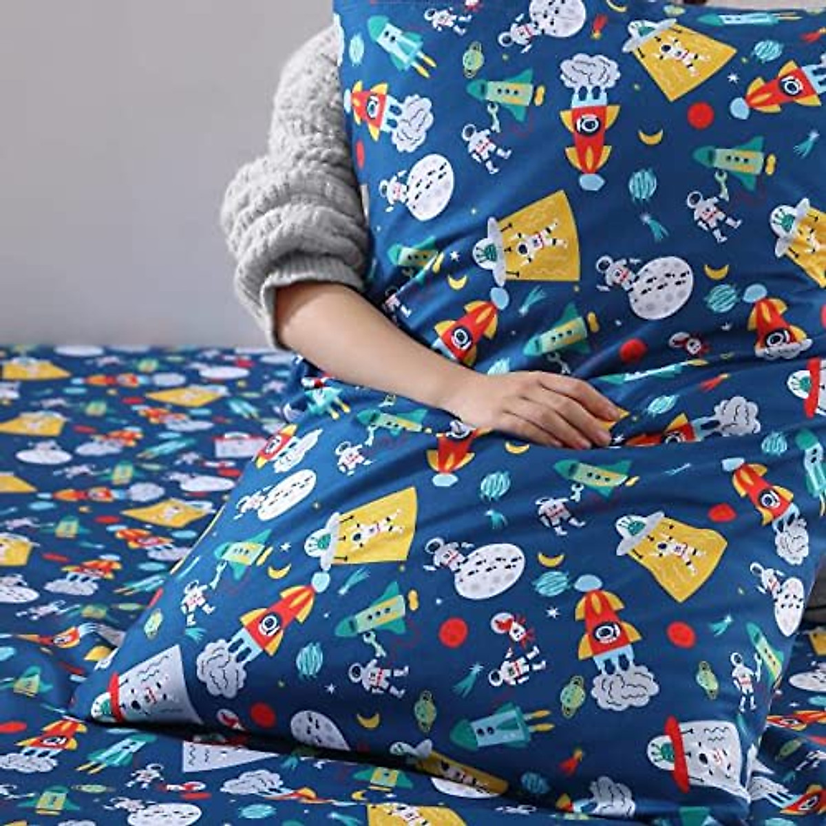 Poppy & Fritz Kids Twin Sheet Set, Stain Resistant Toddler Bedding, Soft & Cozy - Space Kids Blue