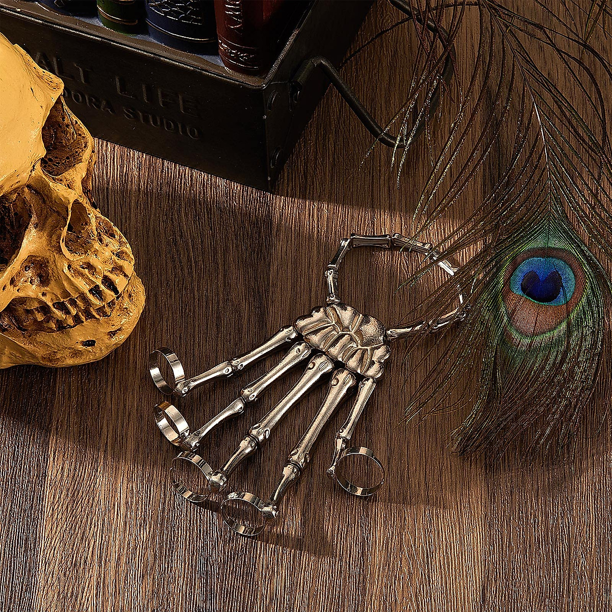 Hicarer 2 Pcs Skeleton Hand Bracelet with Finger Ring Metal Steampunk Skull Bracelet Gothic Skull Bracelet Adjustable Skeleton Hand Jewelry Skull Finger Wristband for Men Women Cosplay