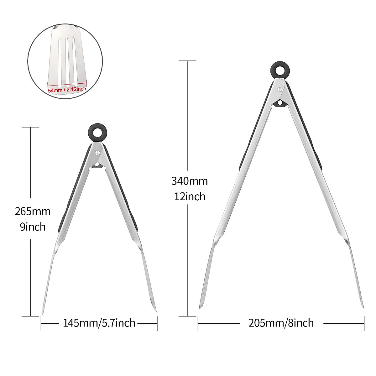 Lebabo Metal Tongs for Cooking, Set of 2 Stainless Steel Spatula Tongs for Grilling, Cooking and Flipping, Strong Grip for Ribs, Steak and Fish, Comfortable Grip, Easy Pull Lock, 9 inch & 12 inch