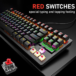 MANBASNAKE K2 Mechanical Gaming Keyboard RGB LED Rainbow Backlit Wired Keyboard with Red Switches for Windows Mac Xbox Gamer(Black)