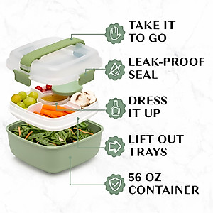 Goodful Stackable Lunch Box Container, Bento Style Food Storage with Removeable Compartments for Sandwich, Snacks, Toppings & Dressing, Leak-Proof and Made without BPA, 56-Oz, Green
