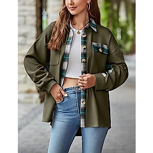 Bozanly Womens Waffle Knit Plaid Patchwork Shirts Lounge Loose Button Down Shacket Jacket Tops(0815-ArmyGreen-L)