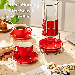 Sweese 8 Ounce Porcelain Stackable Cappuccino Cups with Saucers and Metal Stand - for Specialty Coffee Drinks, Cappuccino, Latte, Americano and Tea - Set of 4, Red