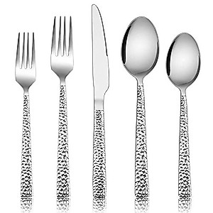 Hammered Silverware Set, E-far 40-Piece Stainless Steel Square Flatware Set for 8, Metal Tableware Cutlery Set Includes Dinner Knives/Forks/Spoons, Modern Design & Mirror Polished - Dishwasher Safe