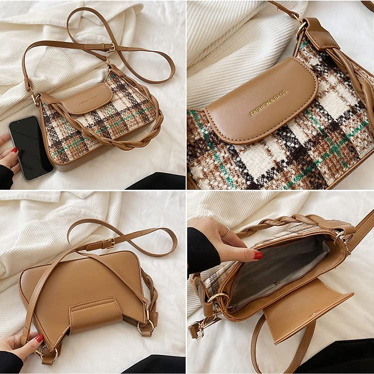 RTGGSEL Trendy Women‘s Lattice Plaid Striped Woolen Saddle Crossbody Shoulder Handbags Underarm Satchel Tote Clutch Purse Hobo Bag (Coffee)