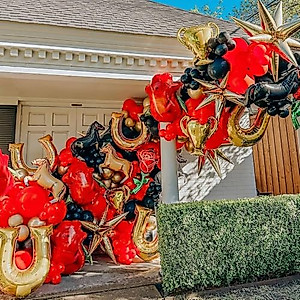 Western Cowboy Balloons Arch Garland Kit, 131PCS Red Black Gold Cow Print Balloons with 30 Inch Large Horse Foil Balloons for Horse Racing Kentucky Derby Day Birthday Party Decorations