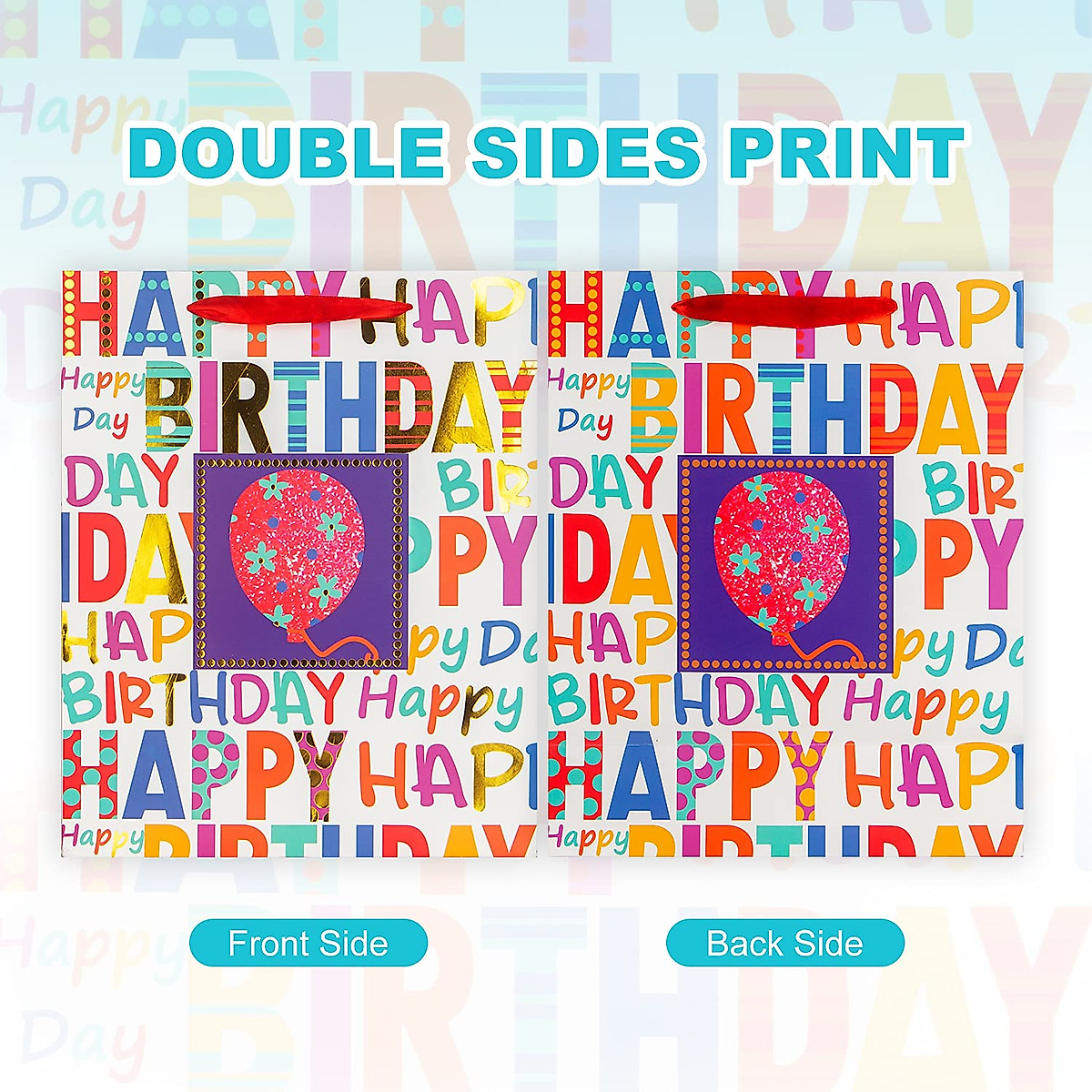 2-Pack 12.6" Large Happy Birthday Gift Bags for Birthday Party with Tissue Paper