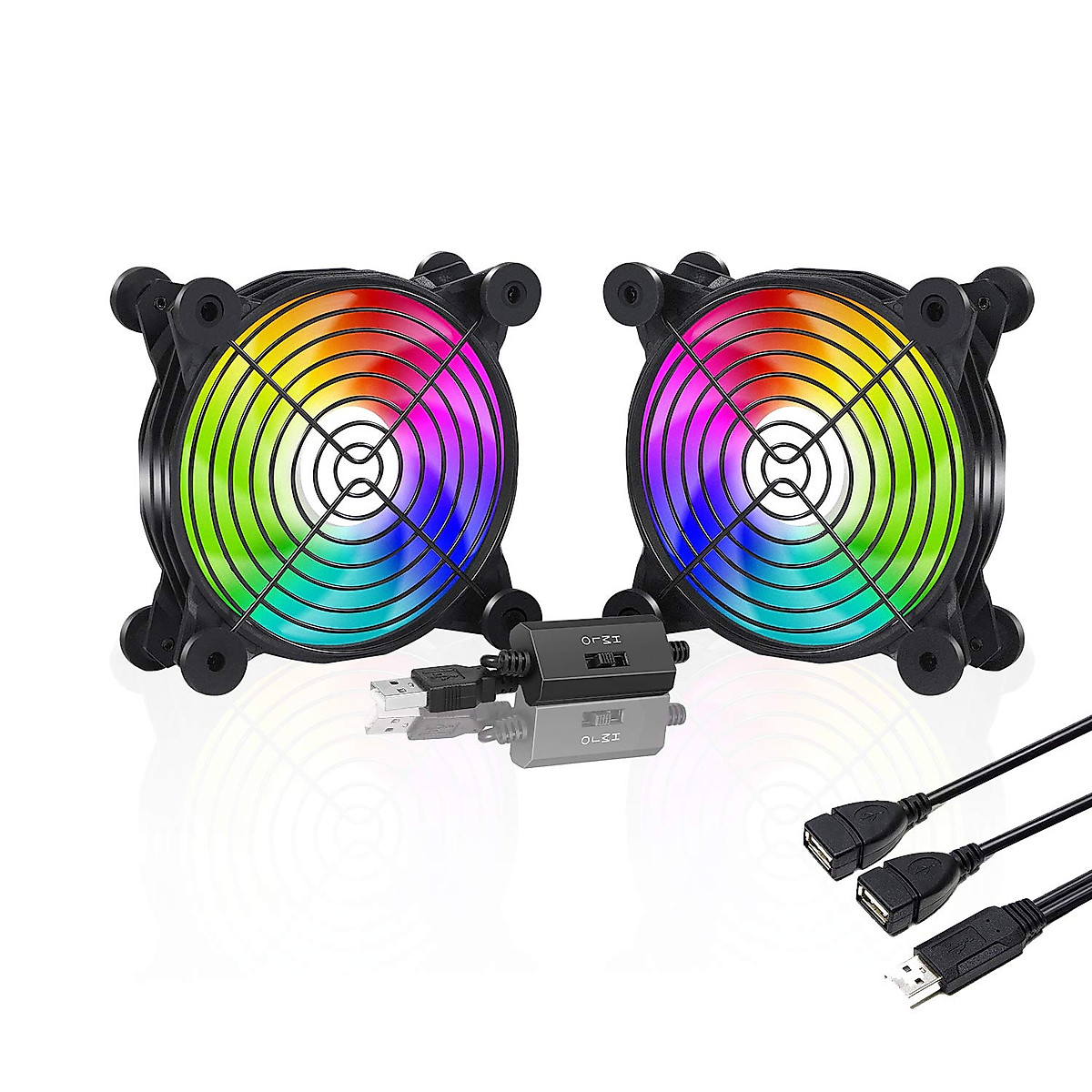 upHere U1207 USB Fan Dual-Ball Bearings,Rainbow LED,Multi-Speed Control,Silent 120mm Fan for Computer Cases Computer Cabinet PlayStation Xbox Cooling