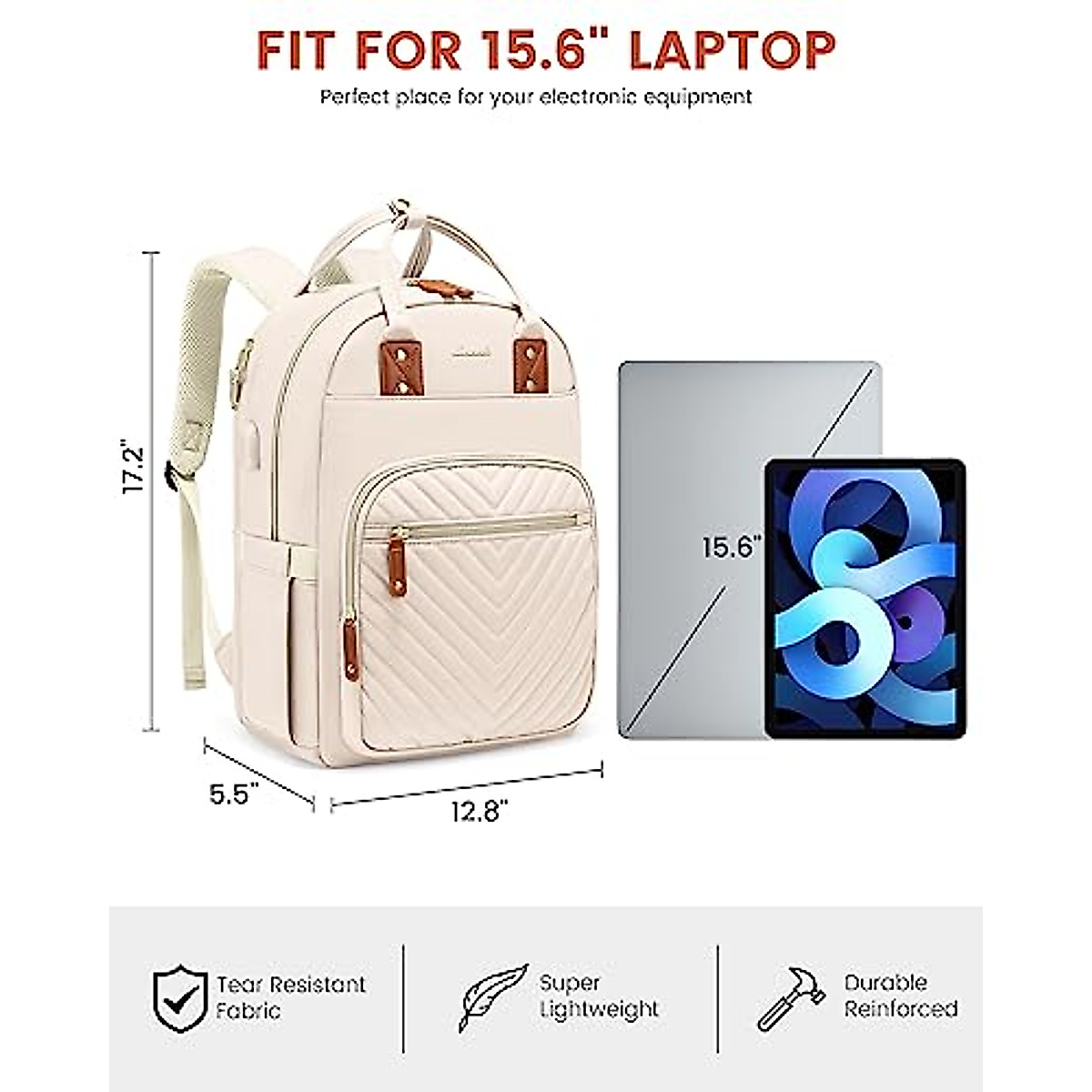 LOVEVOOK Quilted Backpack for Women, 15.6 Inch Computer Bag, Stylish Travel Backpack Purse Notebook with USB Port Waterproof Casual Daypack Large Bags for Daily Work, Beige