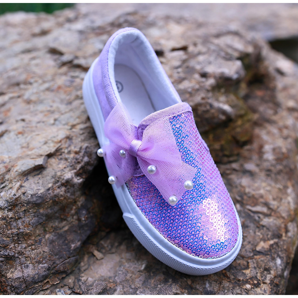 Toandon Girls Kids Sneakers Loafer Shoes Toddler Slip On Sequins Glimmer Glitter Sparkle Low Top Non Slip Rubber Sole Lightweight Breathable Walking Outdoor Fashion Casual Bowknot Purple Size 11