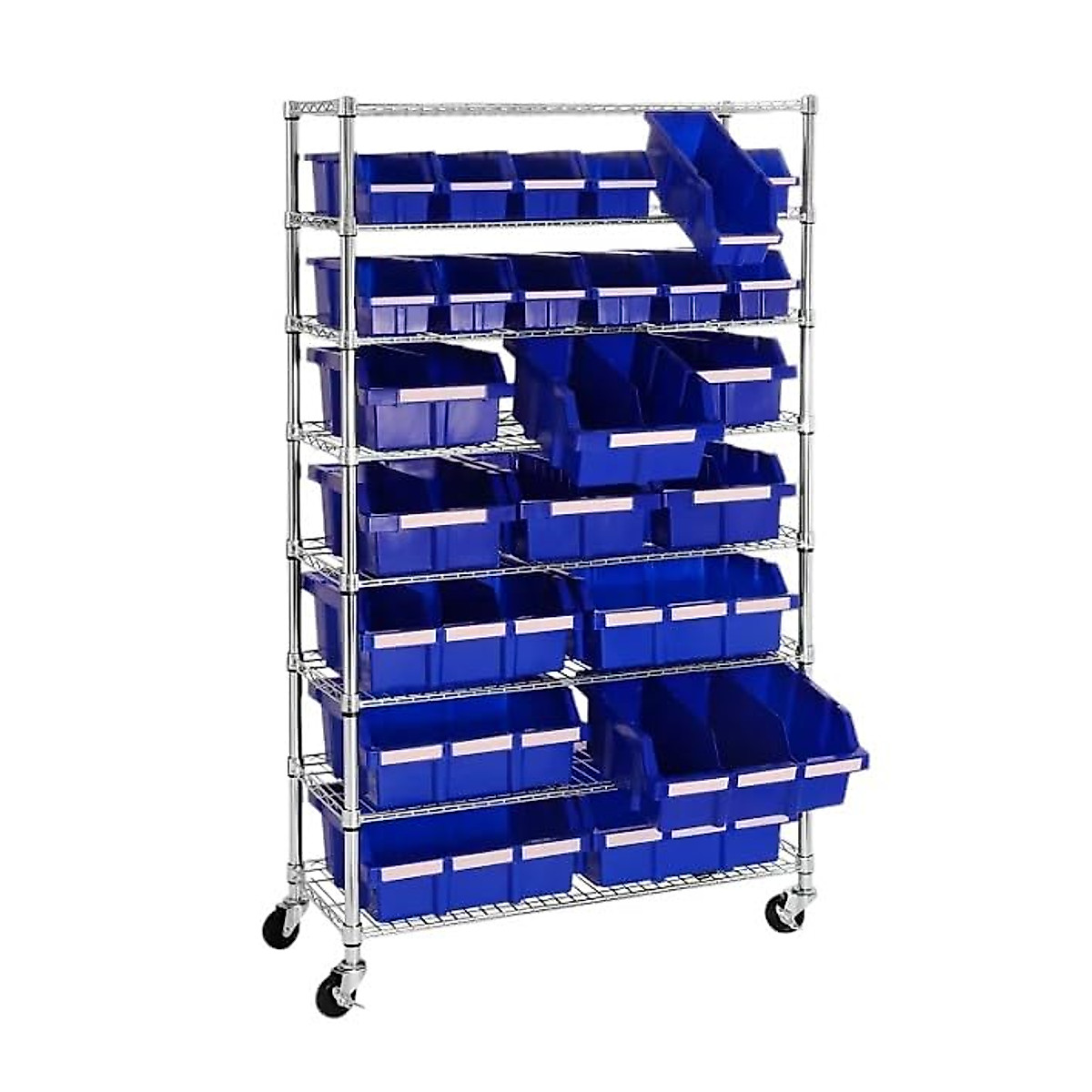 Heavy Duty Commercial Steel Wire Bin Storage Rack, Mobile, 24 Bins (Blue, 1 Pack)