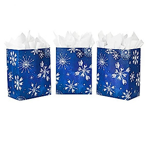 Hallmark 17" Extra Large Holiday Gift Bags with Tissue Paper (3 Gift Bags: Starry Snowflakes on Navy Blue) for Christmas, Hanukkah, Weddings, Birthdays