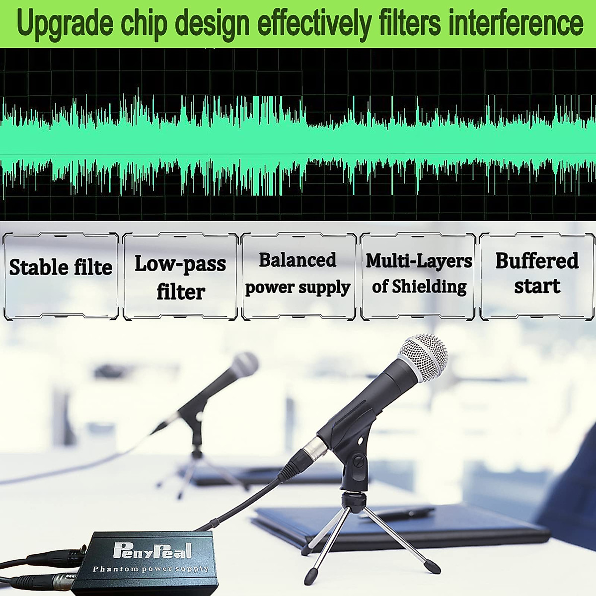 penypeal Rechargeable Phantom Power Supply 48V 1-Channel Up to 40 Hours of Use, Low Noise for Any Condenser Microphones, Recording, Audio Equipment, black (PT2)