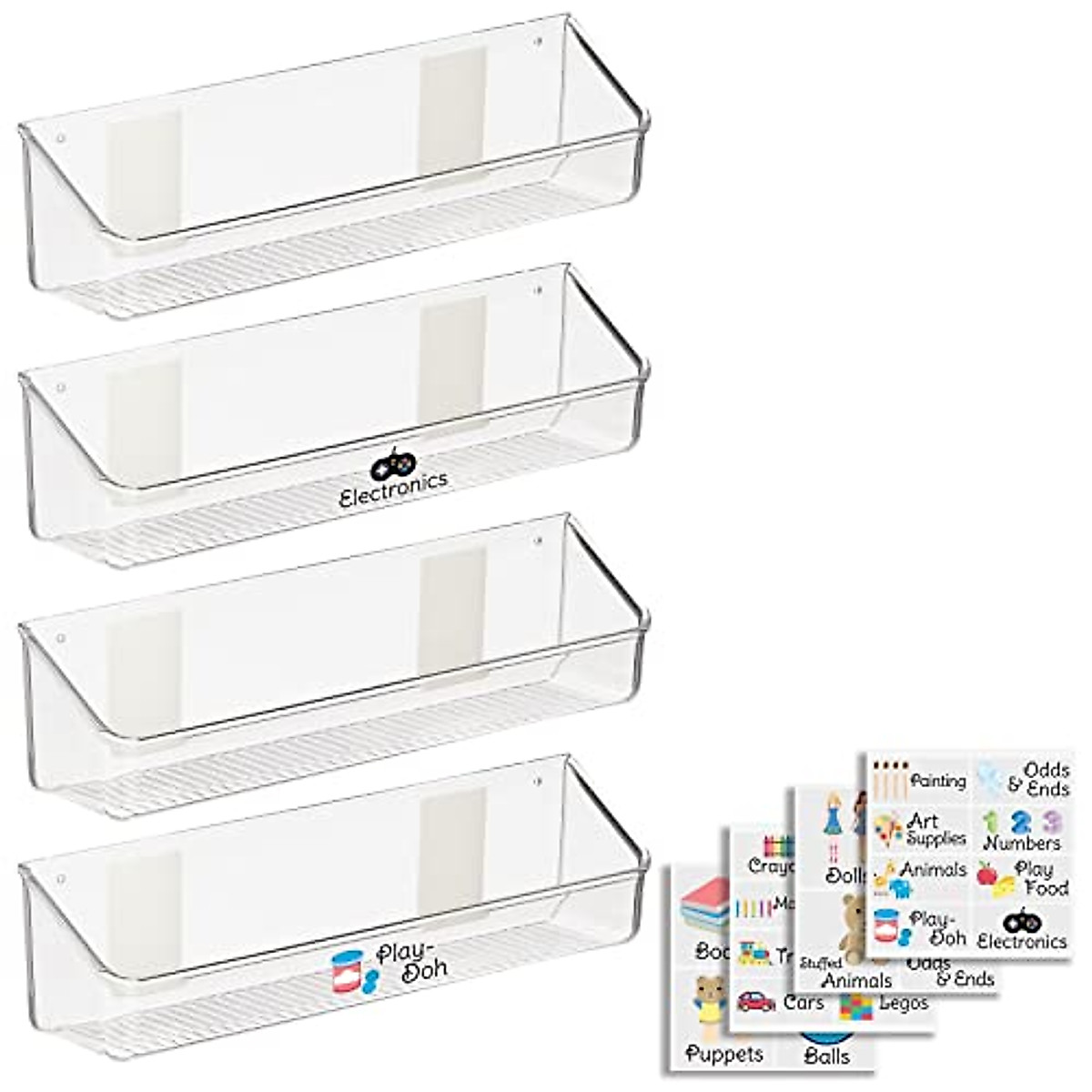 mDesign Plastic Adhesive or Wall Mount Wide Toy Storage Tray Basket; for Playroom, Kids Bedroom Organization; Holds Small Toys, Craft School Supplies + 24 Labels, Ligne Collection, 4 Pack, Clear