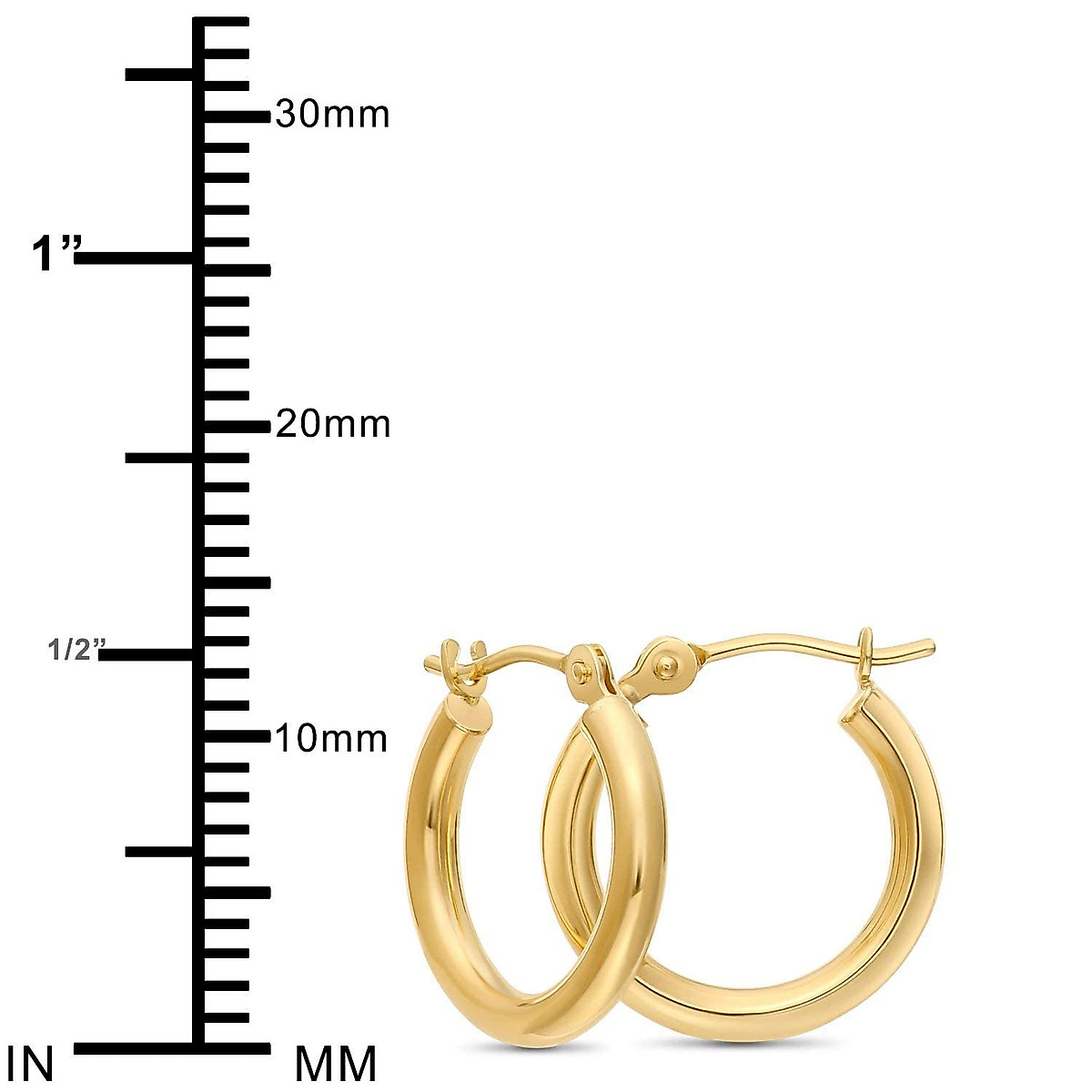 14k Yellow Gold Classic Real Gold Shiny Polished Hoop Earrings, Small Plain Round Gold Earrings Real Gold Tiny 14k Gold Extra Small Hoops 12mm (0.47 inch)