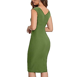 MUXXN Ladies Classic V Neck Sleeveless Midi Ruched Bridesmaid Prom Pencil Dress for Women Olive Green L