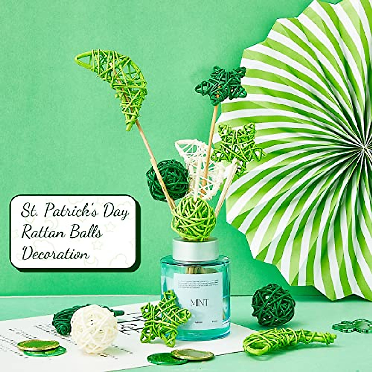 36 Pcs St Patrick's Day Rattan Balls Stars Moon DIY Vase Filler Craft Bowl Wicker Rattan Balls Green Ball Vase Filler Decoration Hanging for Table Wedding Party Decor Ornament