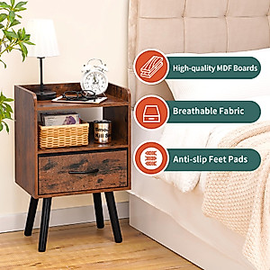 Yoobure Night Stand with Fabric Drawer, Modern Nightstand, Bedside Tables, Mid Century Nightstands with Open Storage Shelf, Wood Bedside Table, Small Night Stands for Bedrooms, 2-Tier Night Table